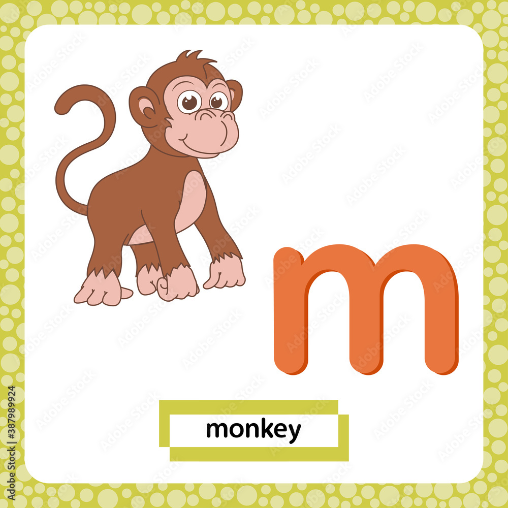 Letter m lowercase with cute cartoon character Monkey isolated on white background. Funny ...