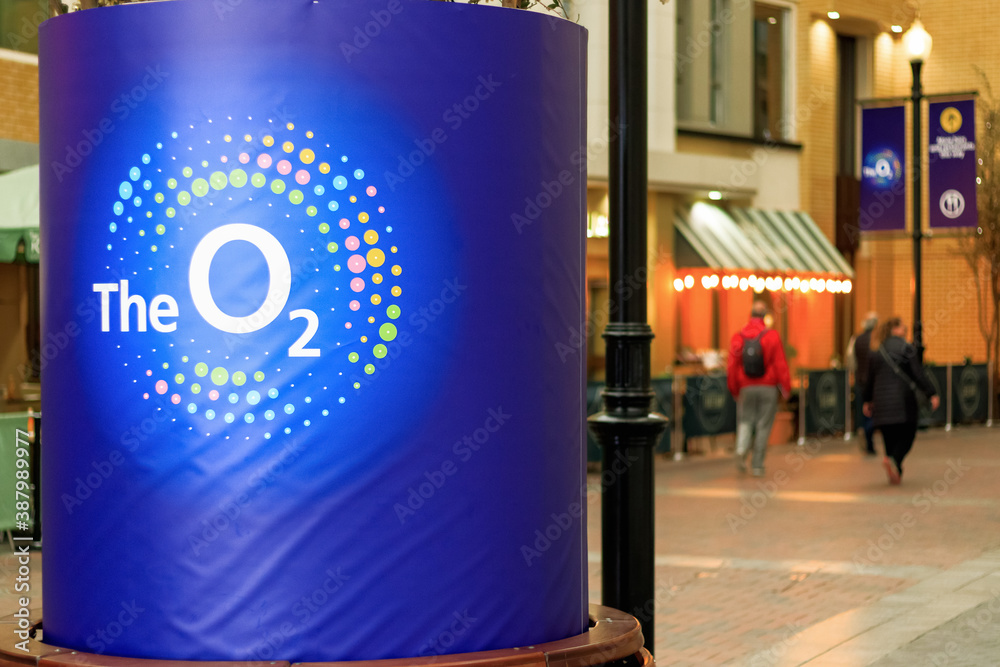 Interior of The O2 Arena with its logo in the foreground Stock Photo ...