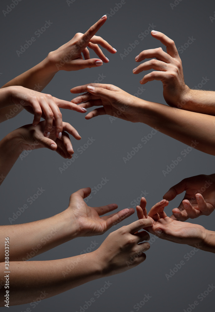 Feelings. Hands of people's crows in touch isolated on grey studio ...