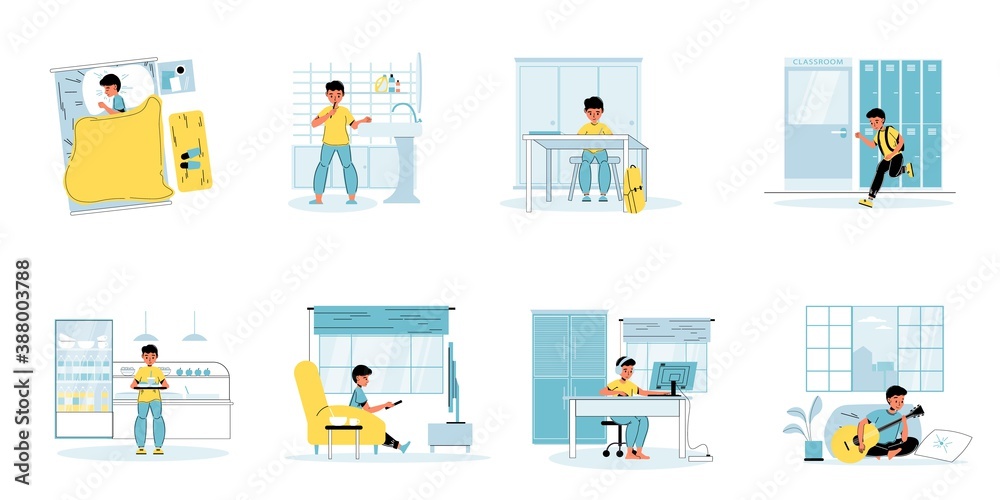 Little boy character day schedule isolated scene set. Children daily ...