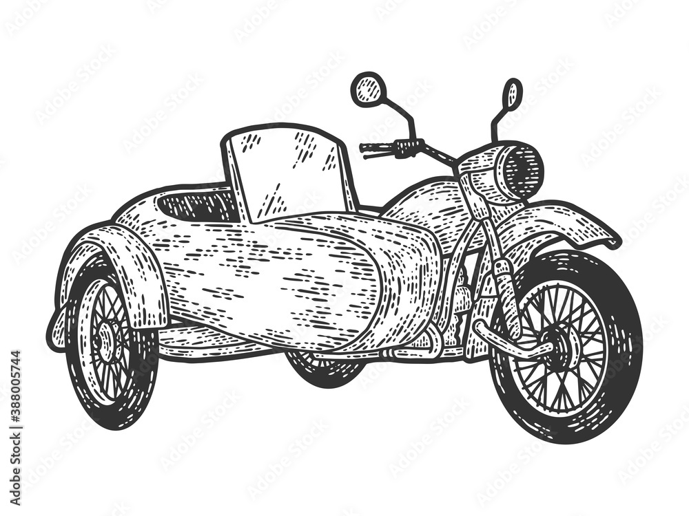 Motorcycle with a sidecar. Engraving raster illustration. Sketch ...