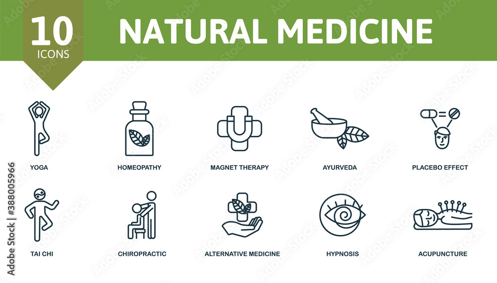 Natural medicine icon set. Collection contain magnet, therapy, yoga ...