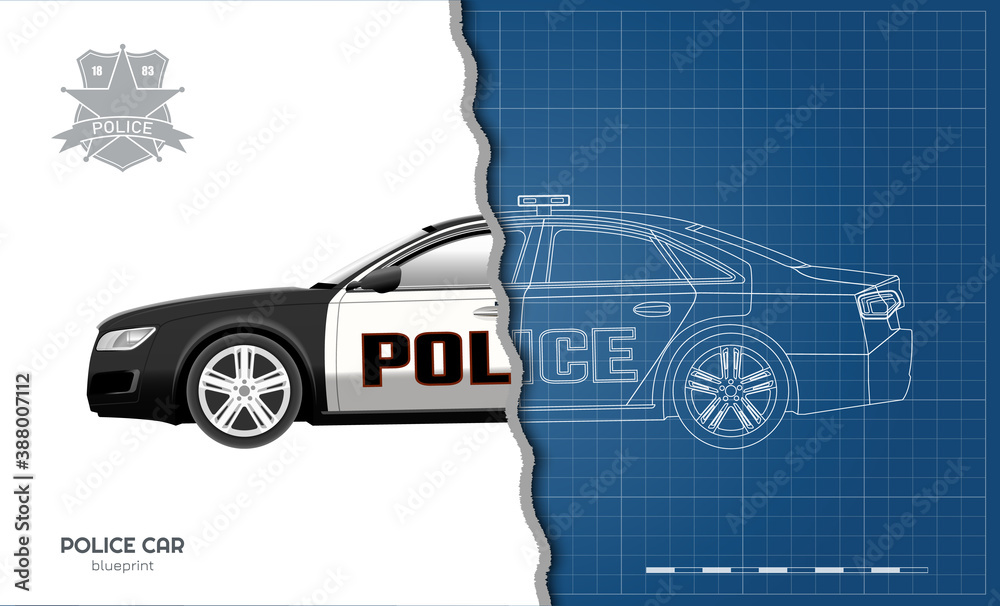 Outline police car blueprint. Front, side, back and side views. 3D ...