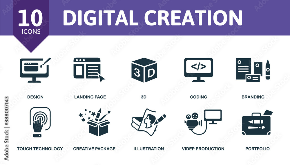 Digital Creation icon set. Collection contain mobile app, landing page ...