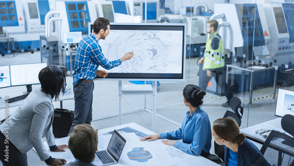 Modern Factory Office Meeting Room: Busy Diverse Team of Engineers ...