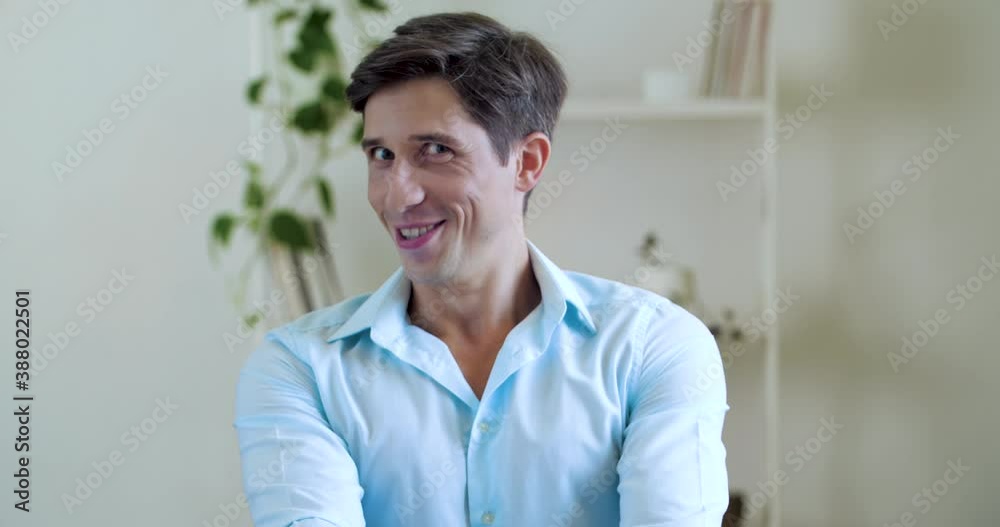 Close up Attractive funny man amazed surprised, pleasantly shocked ...