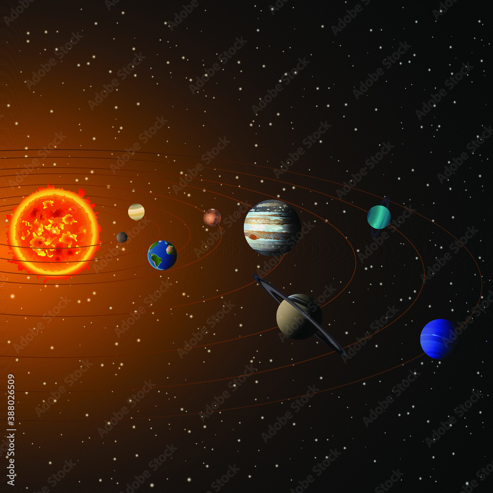 Solar system. Space, stars, 8 planets with orbits around the sun. Stock ...