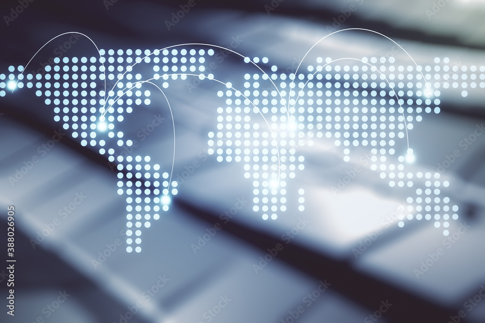 Abstract virtual world map with connections on blurry abstract metal ...