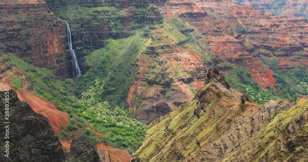 4K stationary view of Waipo'o waterfalll and the canyons of Waimea ...