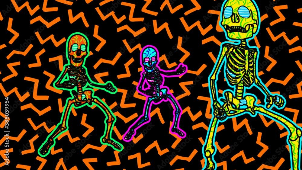 Thriller dancing skeletons in comic style, fluorescent textures and ...