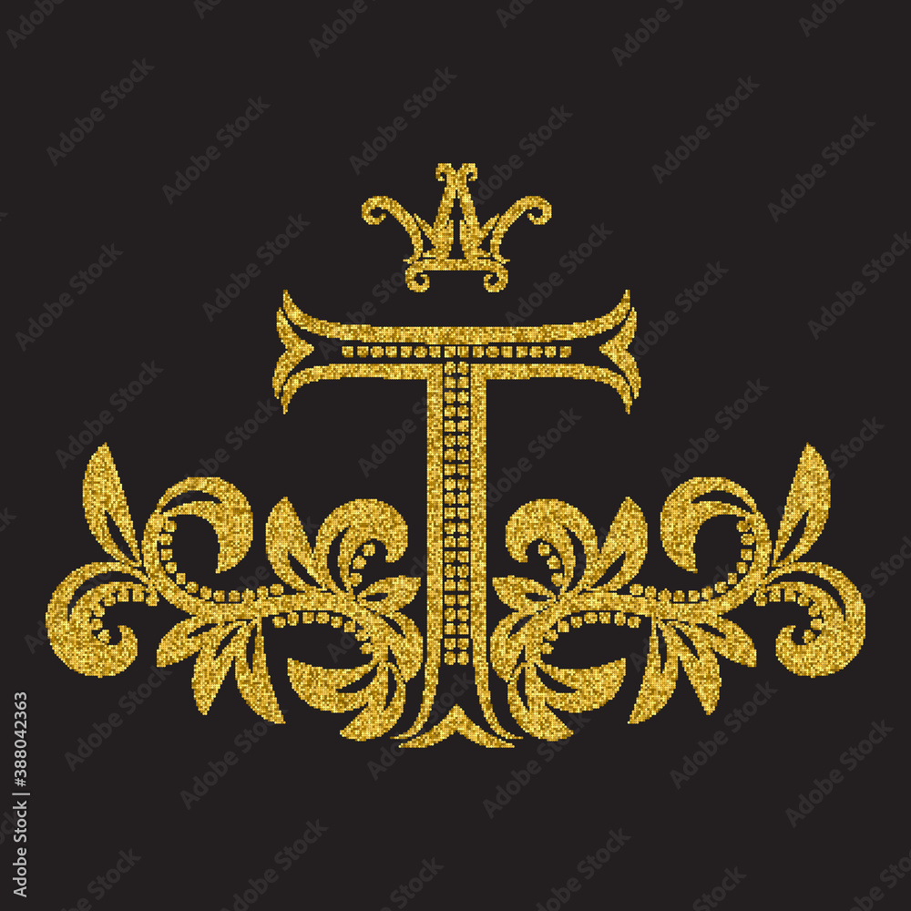 Golden glittering letter T monogram in vintage style. Heraldic coat of ...