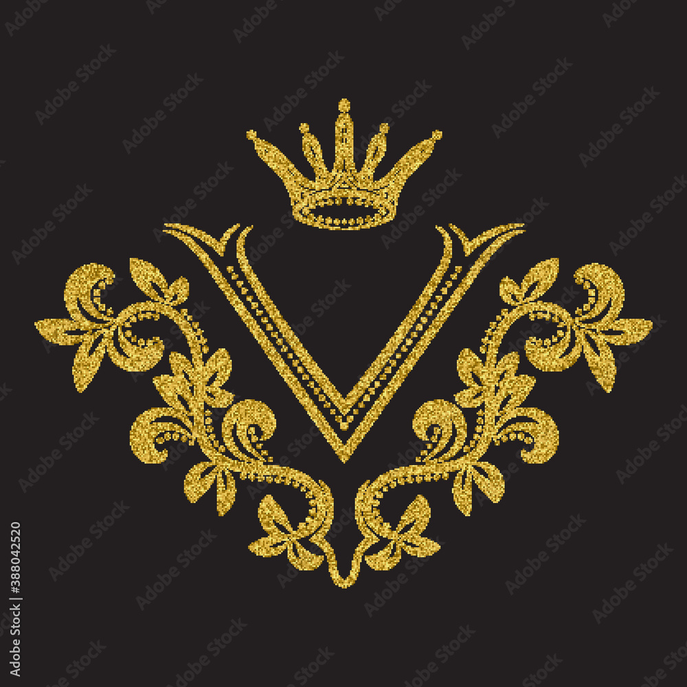 Golden glittering letter V monogram in vintage style. Heraldic coat of ...