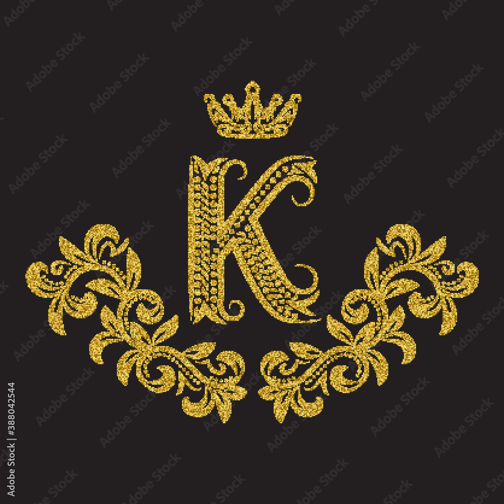 Golden glittering letter K monogram in vintage style. Heraldic coat of ...