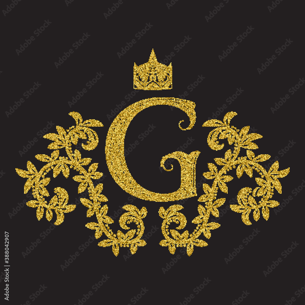 Golden glittering letter G monogram in vintage style. Heraldic coat of ...