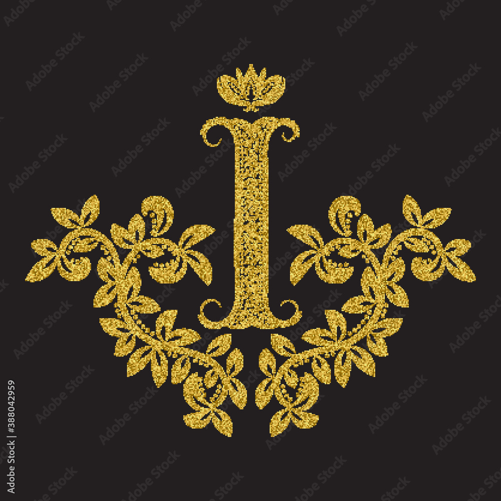 Golden glittering letter I monogram in vintage style. Heraldic coat of ...