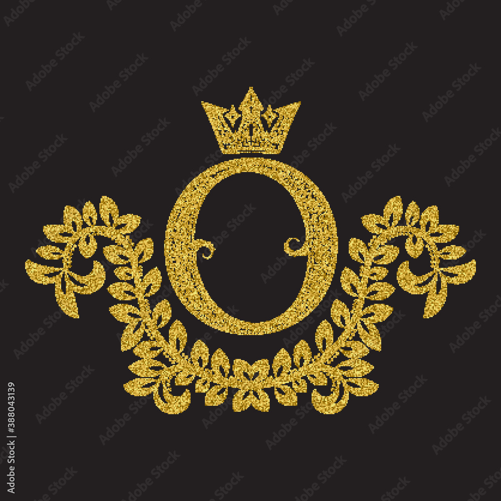 Golden glittering letter O monogram in vintage style. Heraldic coat of ...