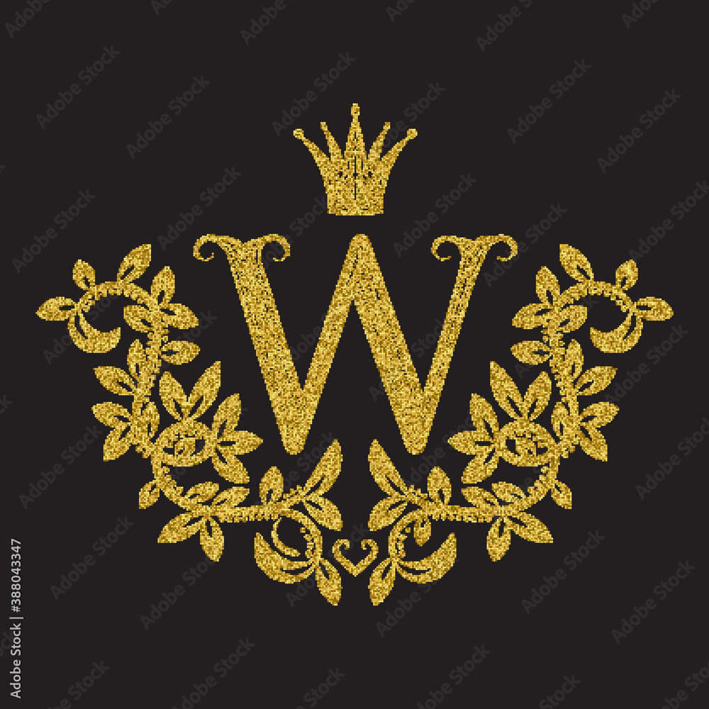 Golden glittering letter W monogram in vintage style. Heraldic coat of ...