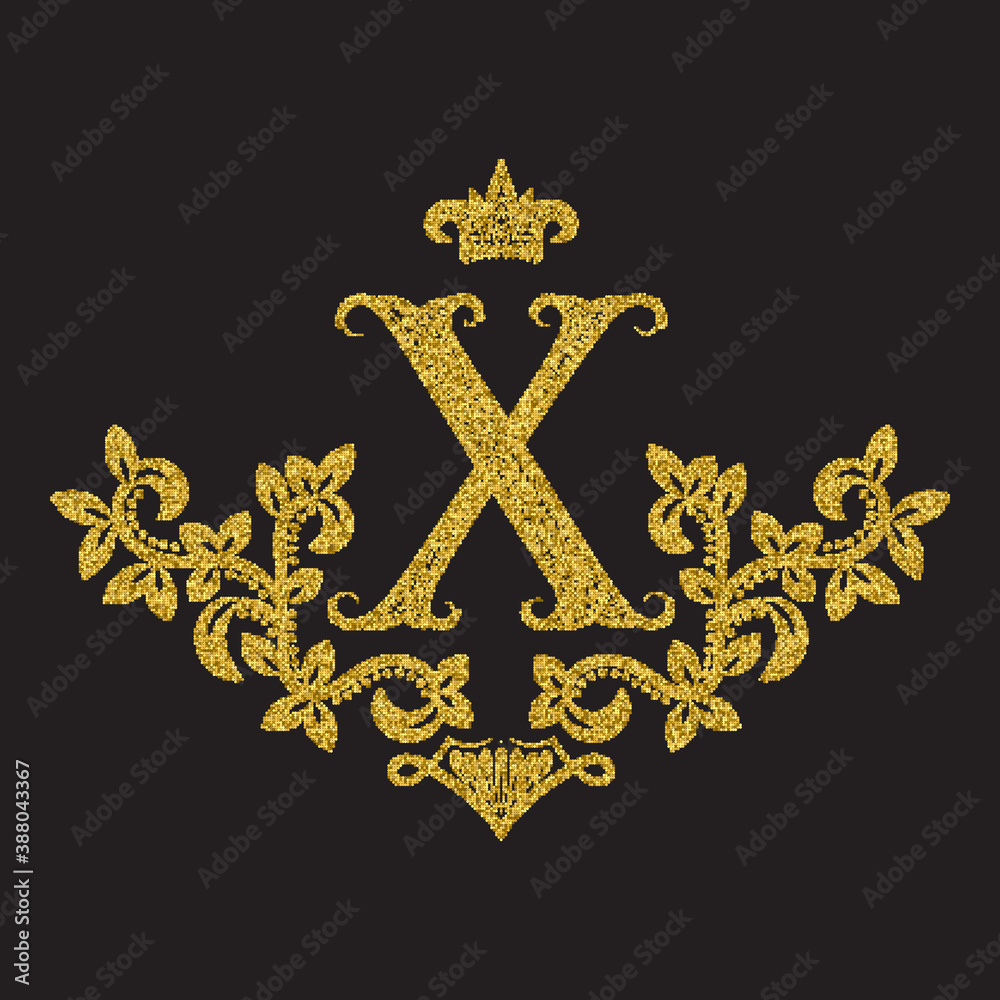Golden glittering letter X monogram in vintage style. Heraldic coat of ...