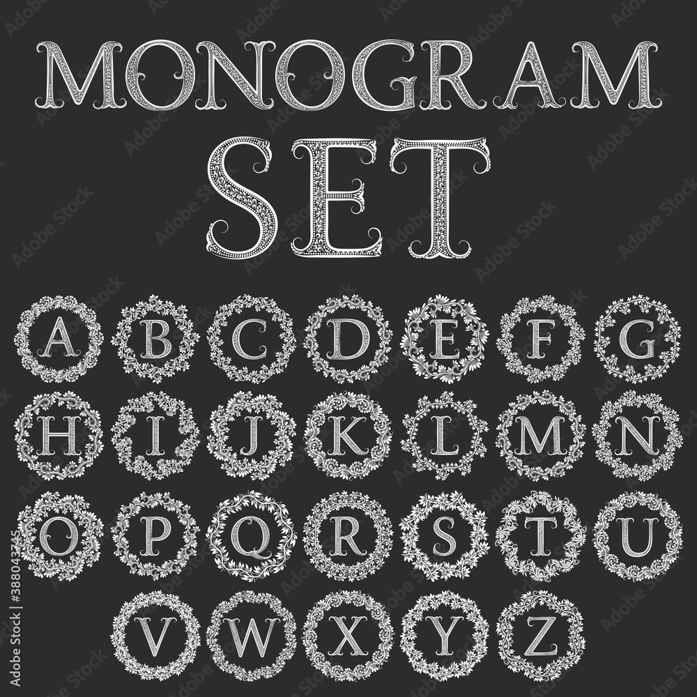 Set of monograms in circular floral wreath. Vintage latin alphabet in ...