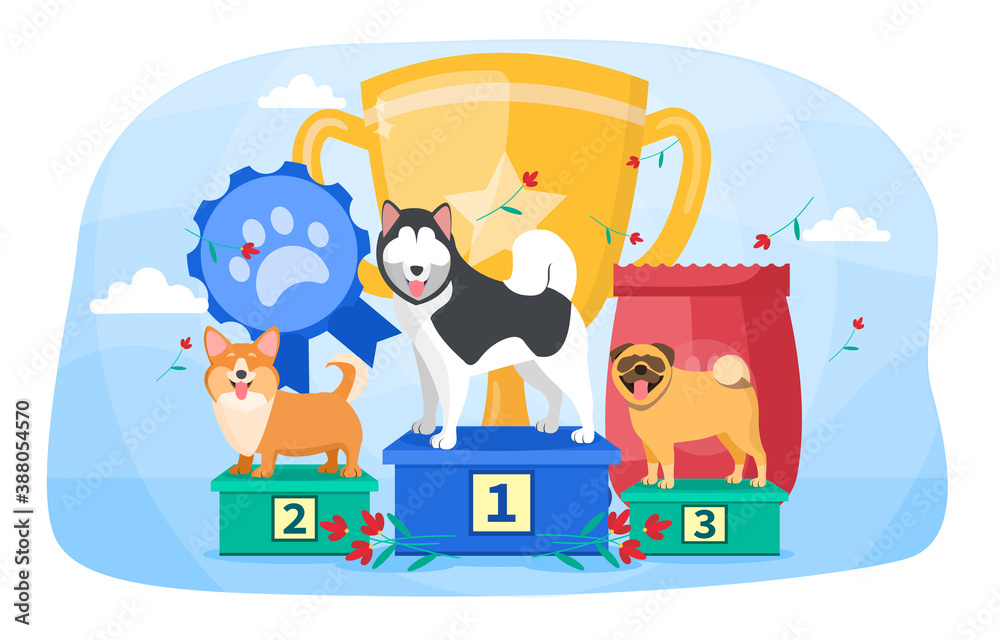 The concept of dog show and competition. The dogs standing on a ...