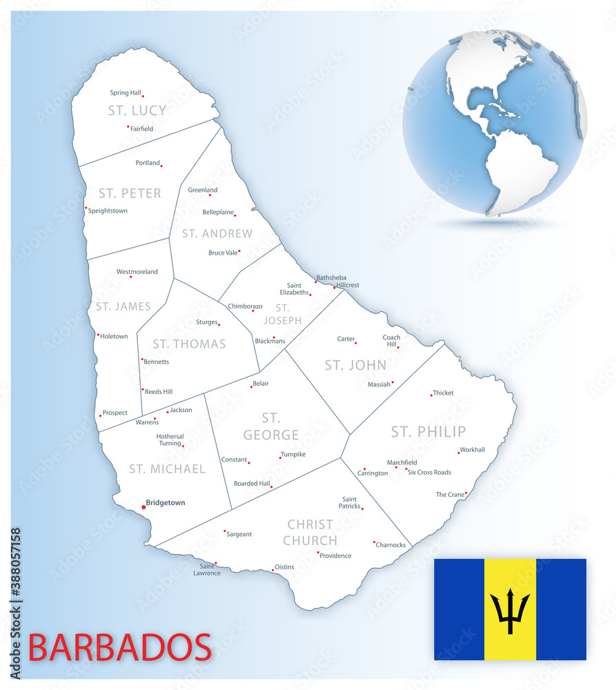 Detailed Barbados administrative map with country flag and location on ...