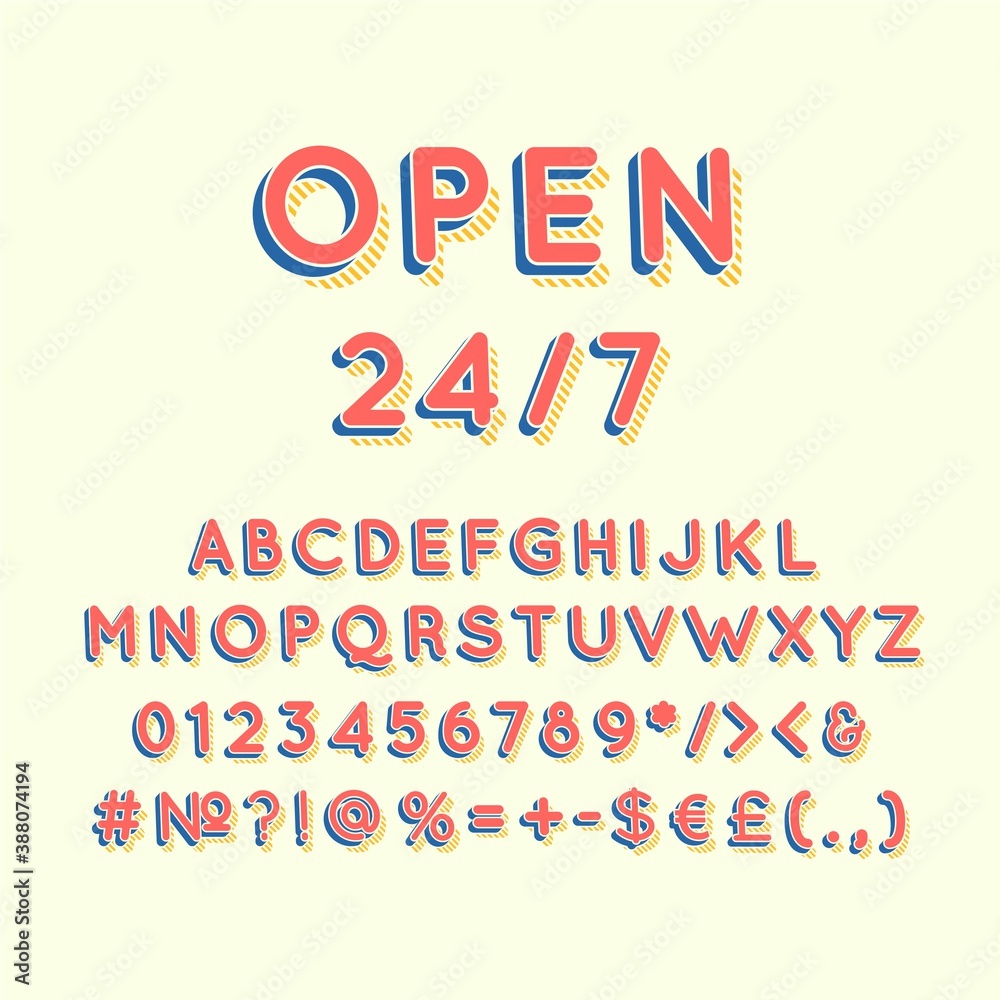 Open 24 7 header vintage 3d vector alphabet set. Retro bold font ...
