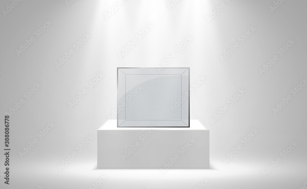 Realistic glass box or container on a white stand .Vector illustration ...