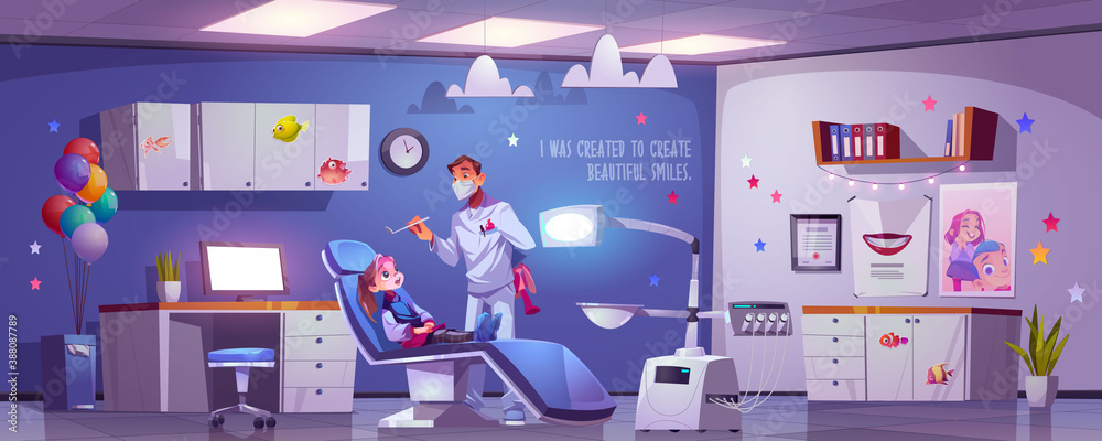 Dental room for kids with girl sitting in chair and doctor. Vector ...