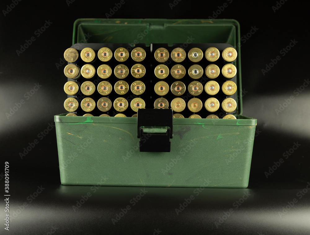 green box with cartridges for a 12 gauge shotgun on a black background ...