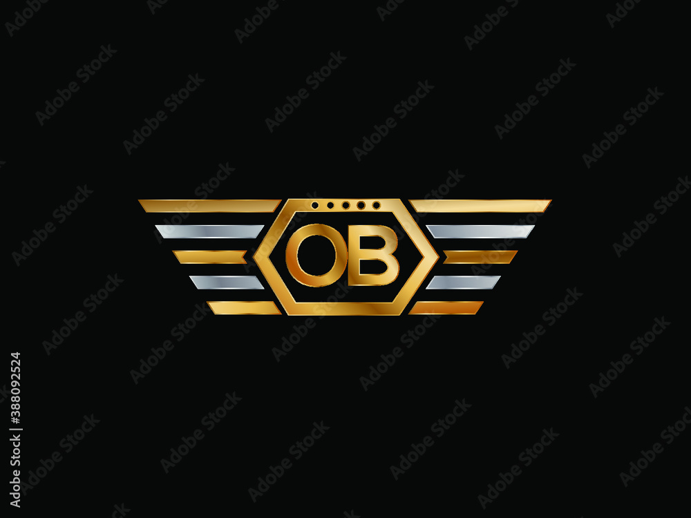 OB wing shape Initial logo letter design art logo, gold color on black ...