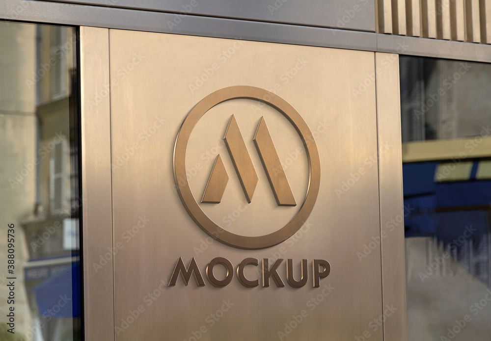 Storefront 3D Logo on Golden Metal Plate Mockup Stock Template | Adobe ...