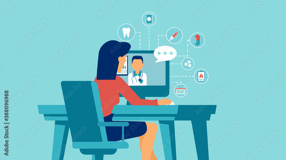 Vector of a male doctor consulting online via computer female patient ...