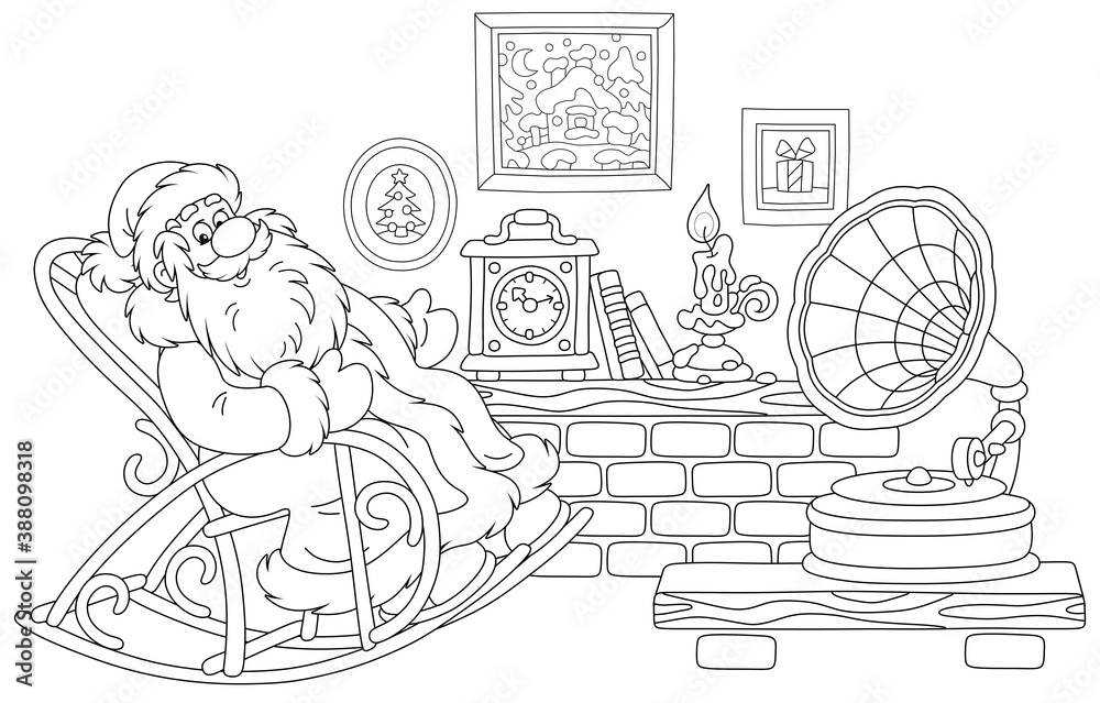 Santa Claus sitting in his creaking rocking chair, resting after a ...