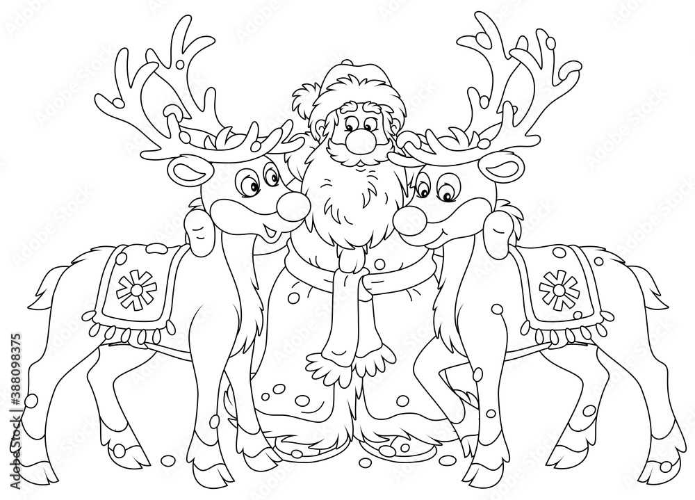 Santa Claus embracing his magic reindeer, black and white outline ...