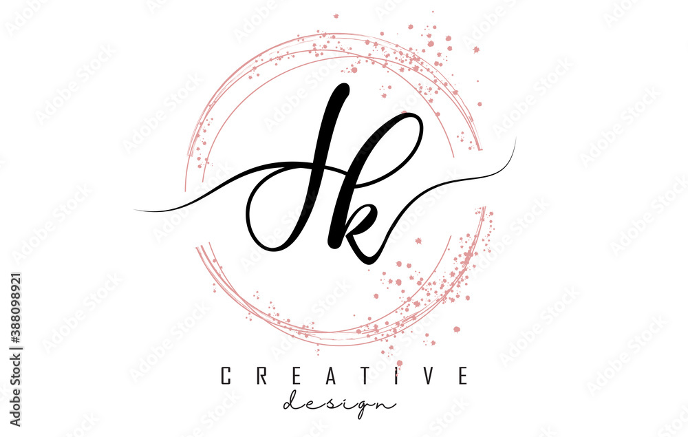 Handwritten JK J K letter logo with sparkling circles with pink glitter ...
