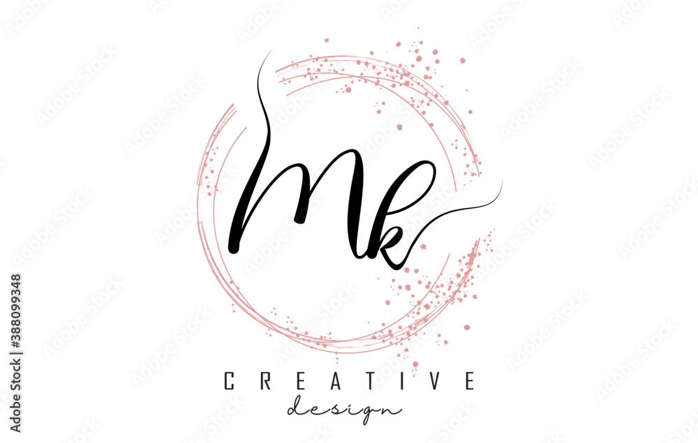 Handwritten MK M K letter logo with sparkling circles with pink glitter ...
