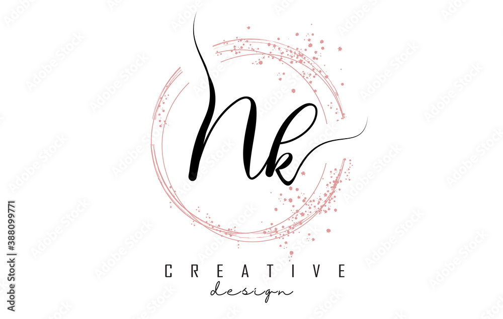 Handwritten NK N K letter logo with sparkling circles with pink glitter ...