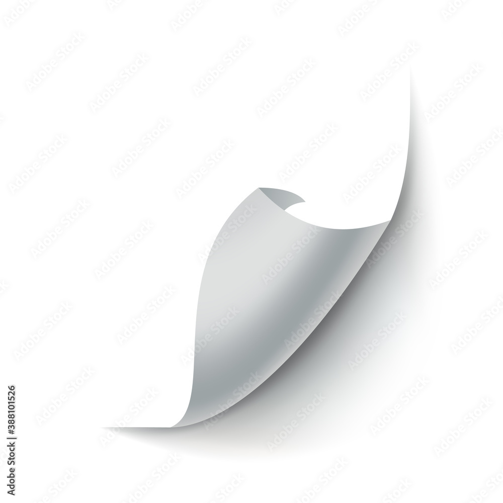 Curled paper corner. Curve page corner, page edge curl and bent paper ...
