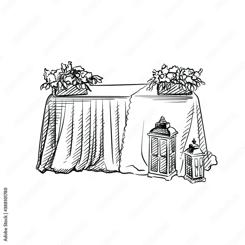 Hand-drawn sketch of buffet table. Wedding accesories and attributes ...