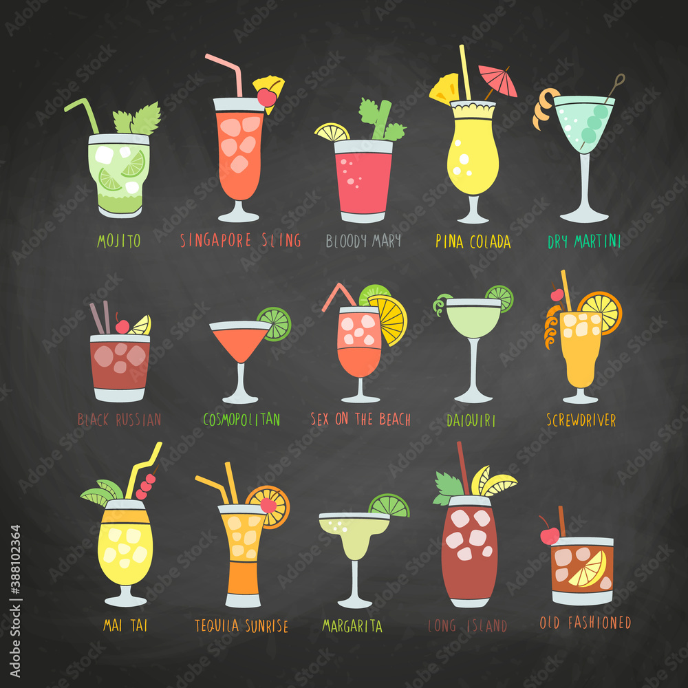 Colorful drinks set with the names of the coctails, isolated on white ...