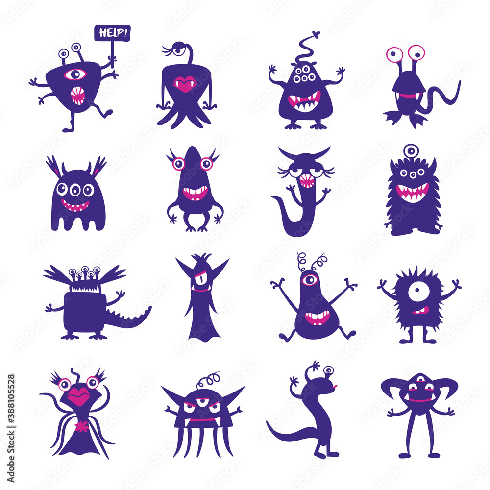 Cute black monster set, isolated on white background, cartoon monsters ...