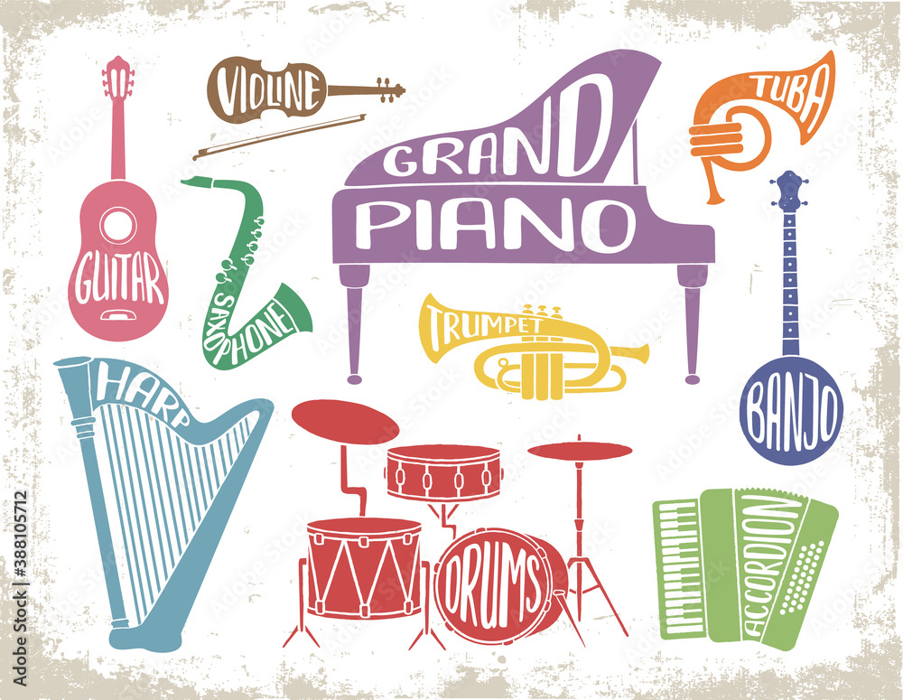 Set of musical instruments with lettering with the names of ...