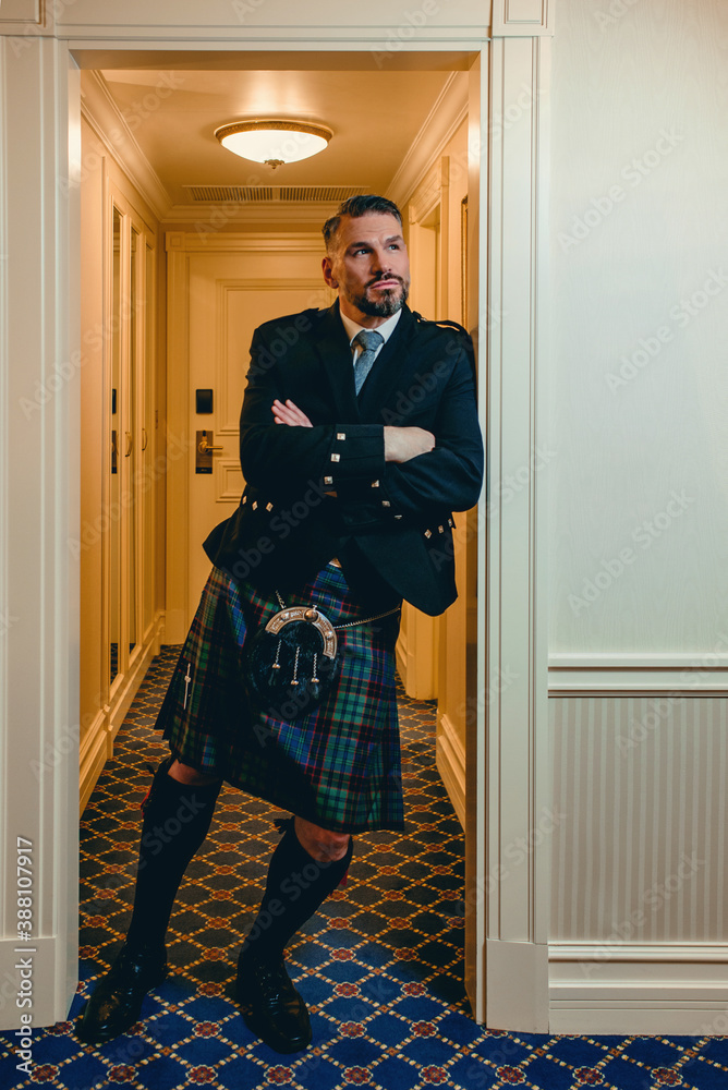 handsome mature courageous stylish man (gay) scotsman in kilt in fancy ...