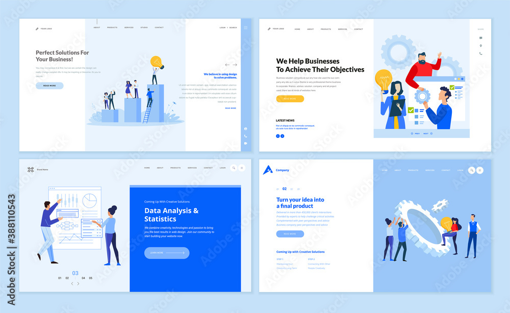 Set of website template designs of business success, project management ...