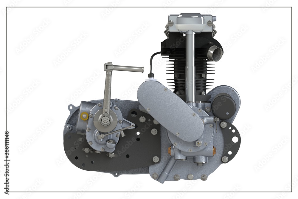 3D design of a motorcycle engine with exploded view. Stock Illustration ...