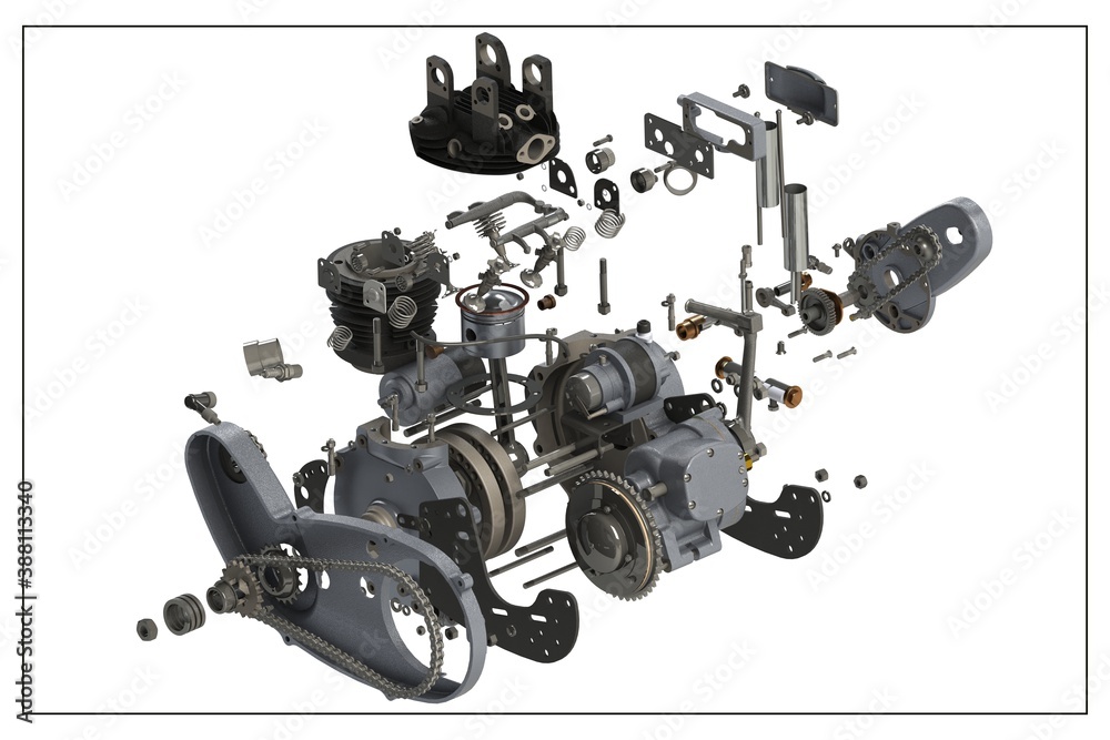 Poster 3D design of a motorcycle engine with exploded view. – Wall Art ...