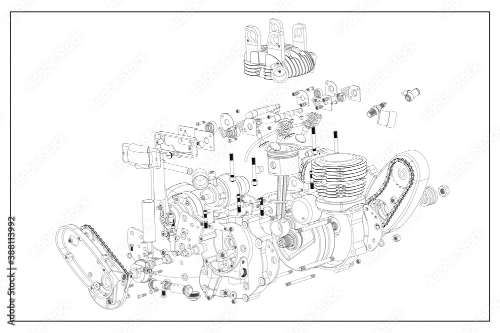 3D design of a motorcycle engine with exploded view. Stock Illustration ...
