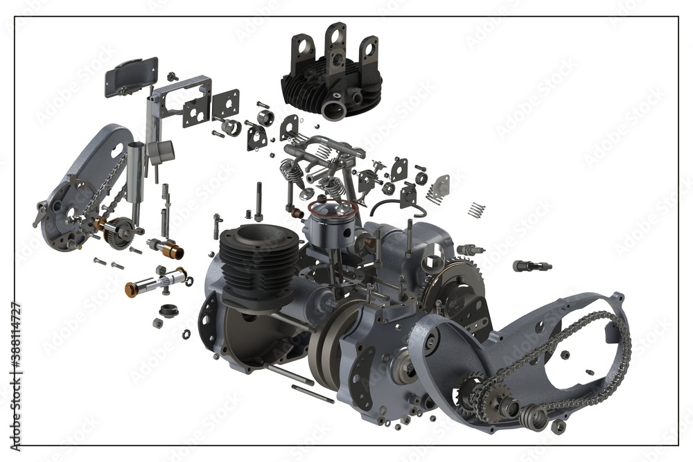 3D design of a motorcycle engine with exploded view. Stock Illustration ...