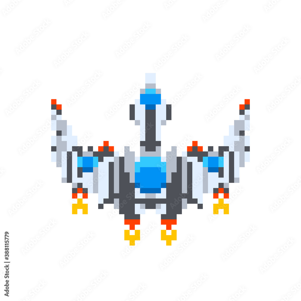 Big vintage spaceship, game hero in pixel art style on white Stock ...
