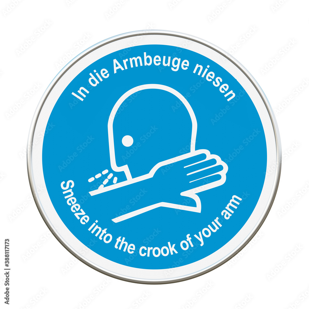 Symbol Schild mit Text in deutsch und englisch "In die Armbeuge niesen ...